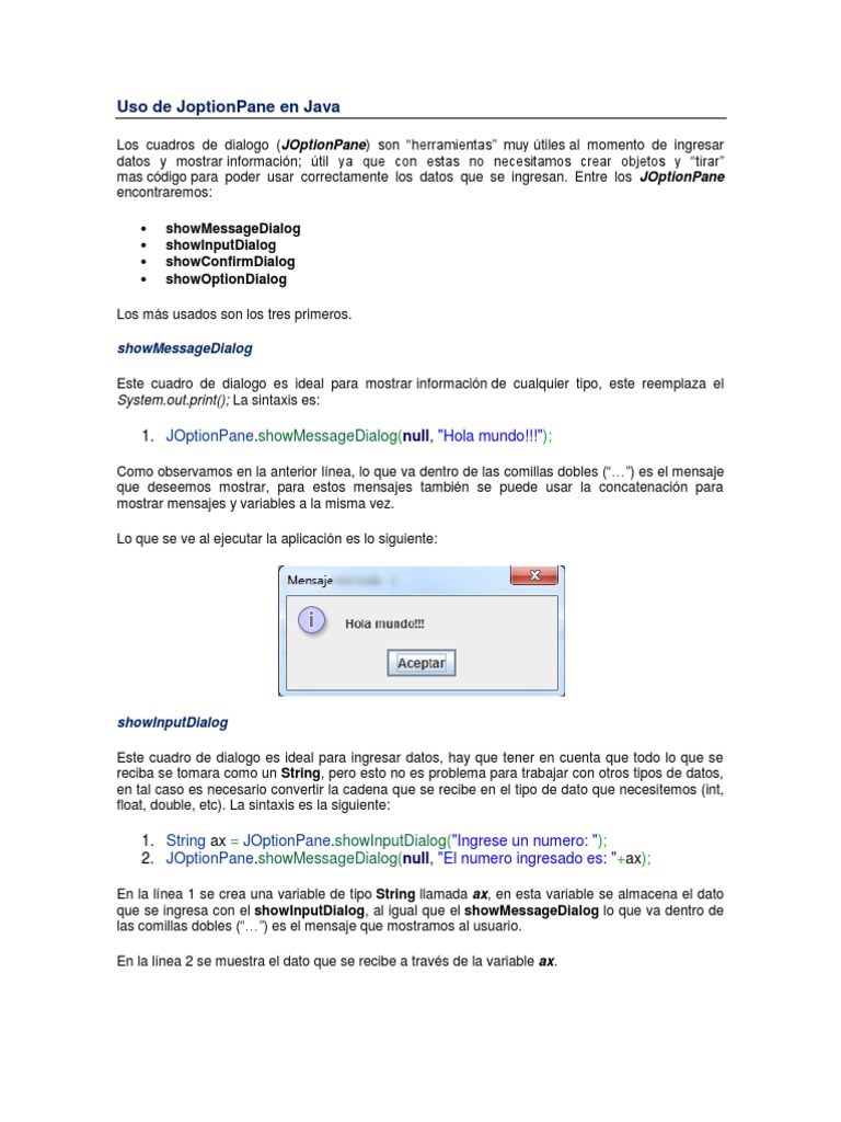 Uso de JOptionPane en Java | PDF | Java (lenguaje de programación) | Comillas