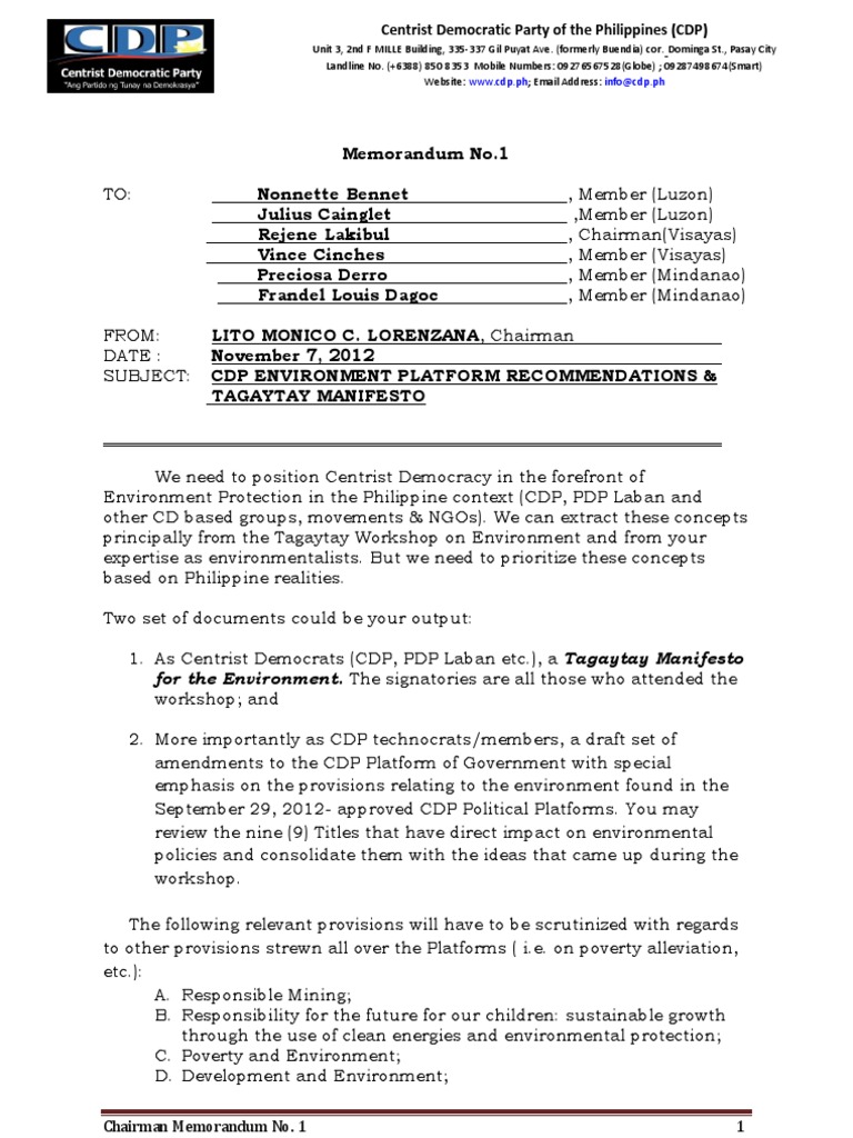 Chairman Memorandum No.1 For The Members of The Environment Commission ...