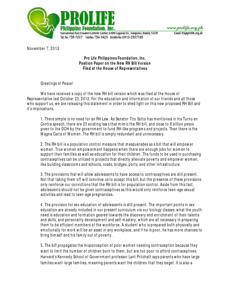 Pro Life Philippines Foundation, Inc. Position Paper On The New RH Bill Version Filed at The ...