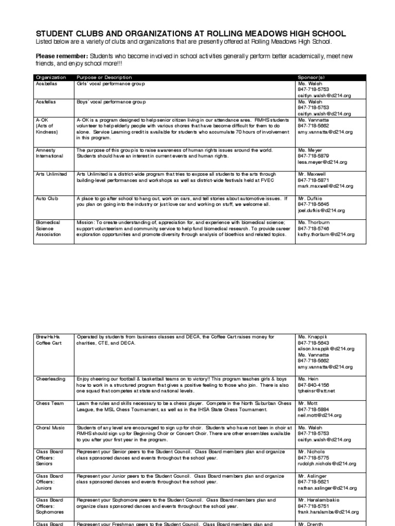 Student Clubs Detailed Packet 11-12. | PDF | Cheerleading | Choir