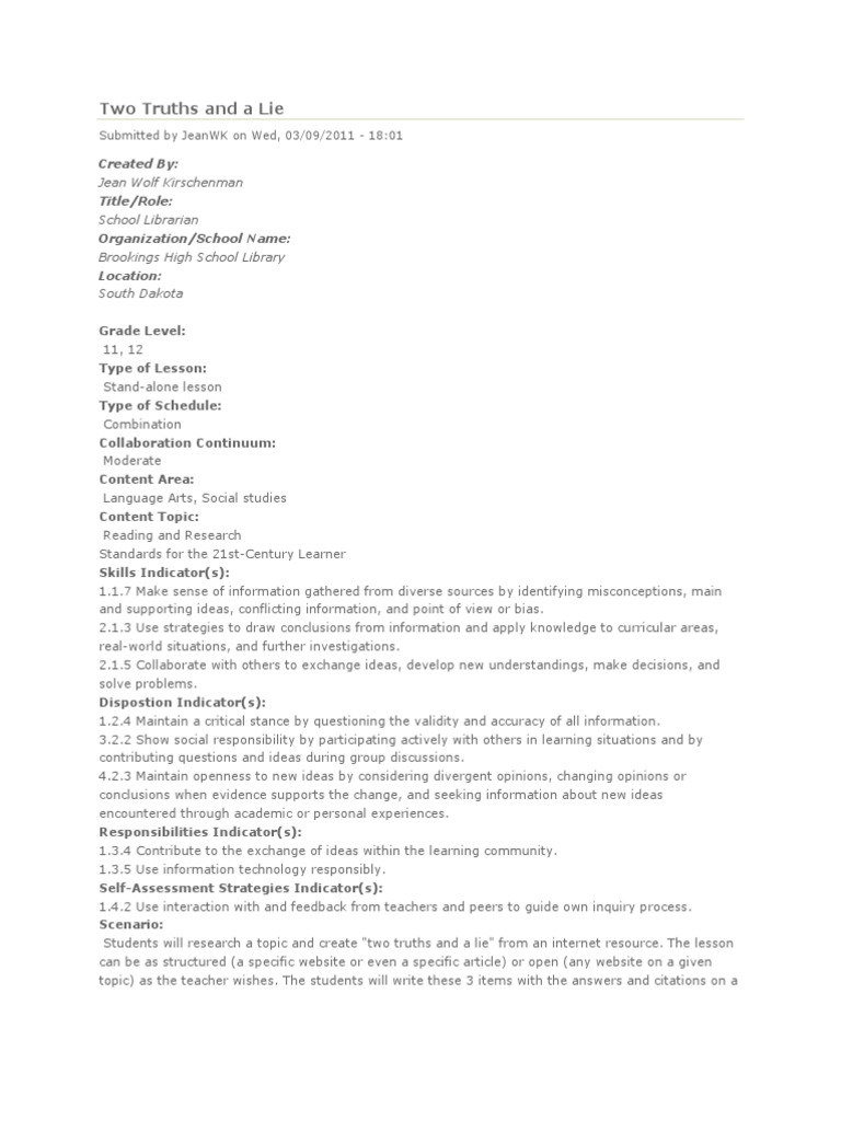 Two Truths and A Lie | PDF | Information | Reading Comprehension