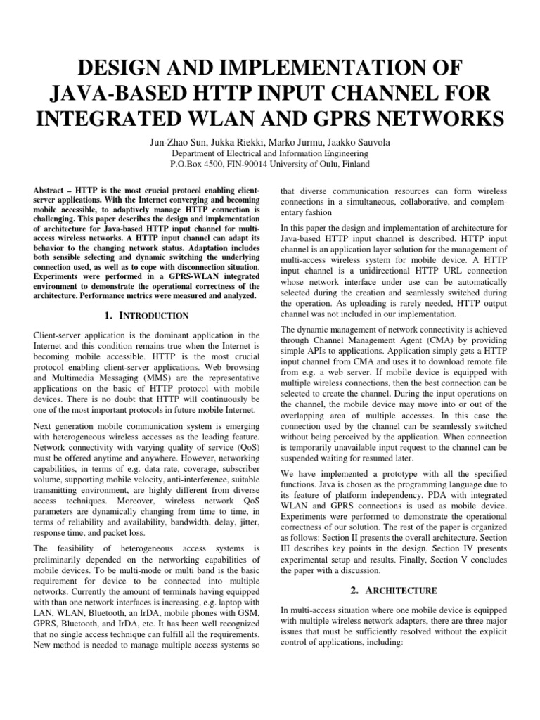 Design and Implementation of Java-Based HTTP Input Channel For Integrated Wlan and Gprs Networks ...
