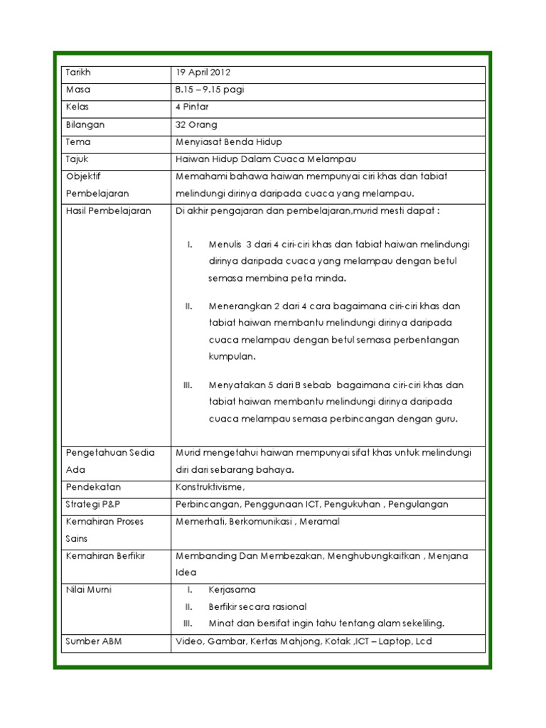 RPH SAINS TAHUN 4p-Haiwan Cuaca Melampau v2 | PDF
