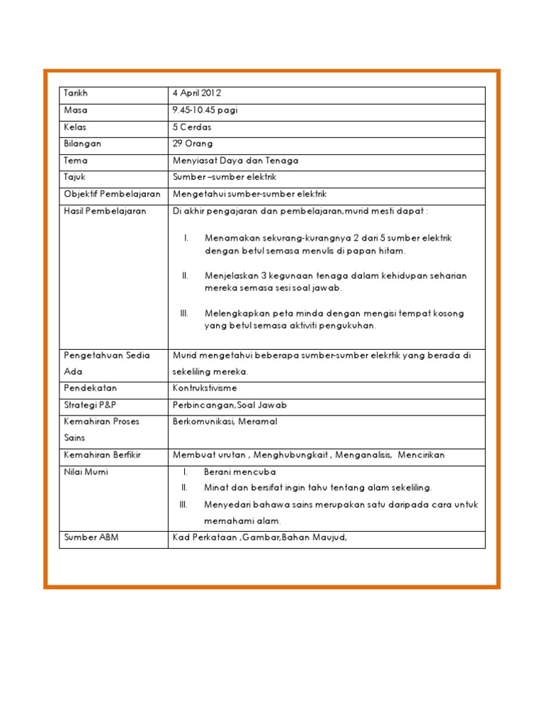 RPH SAINS TAHUN 5c-Sumber Elektrik | PDF