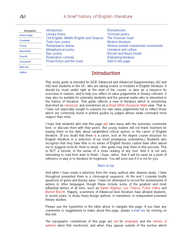 Short History of English Literature | PDF