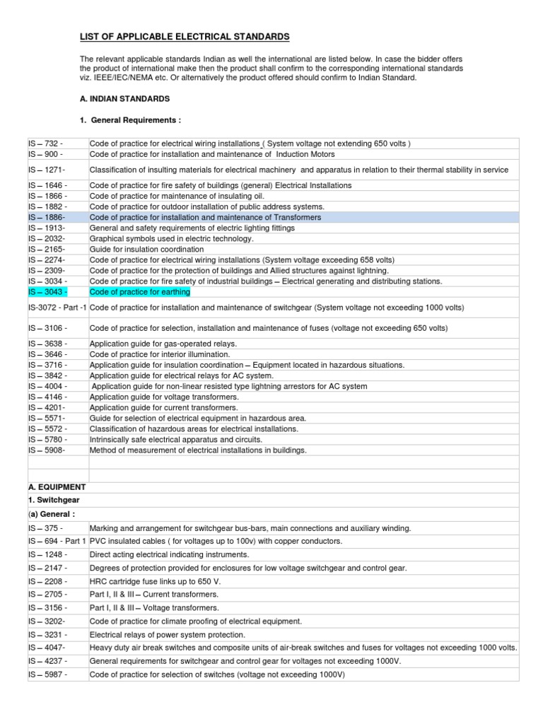 List of Applicable Electrical Standards | Download Free PDF ...