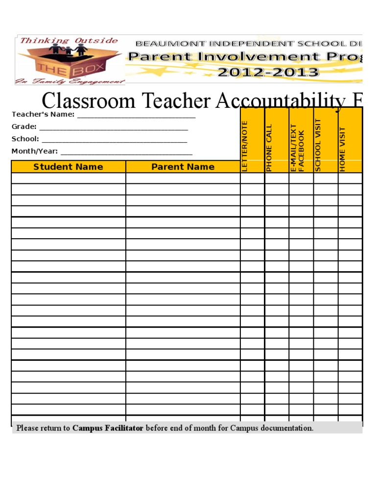 Classroom Teacher Accountability Form: Student Name Parent Name | PDF