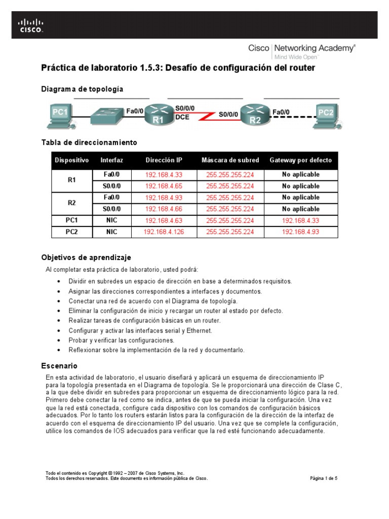 Práctica de Laboratorio 1.5.3 Desafío de Configuración Del Router | PDF | Enrutador (Computación ...