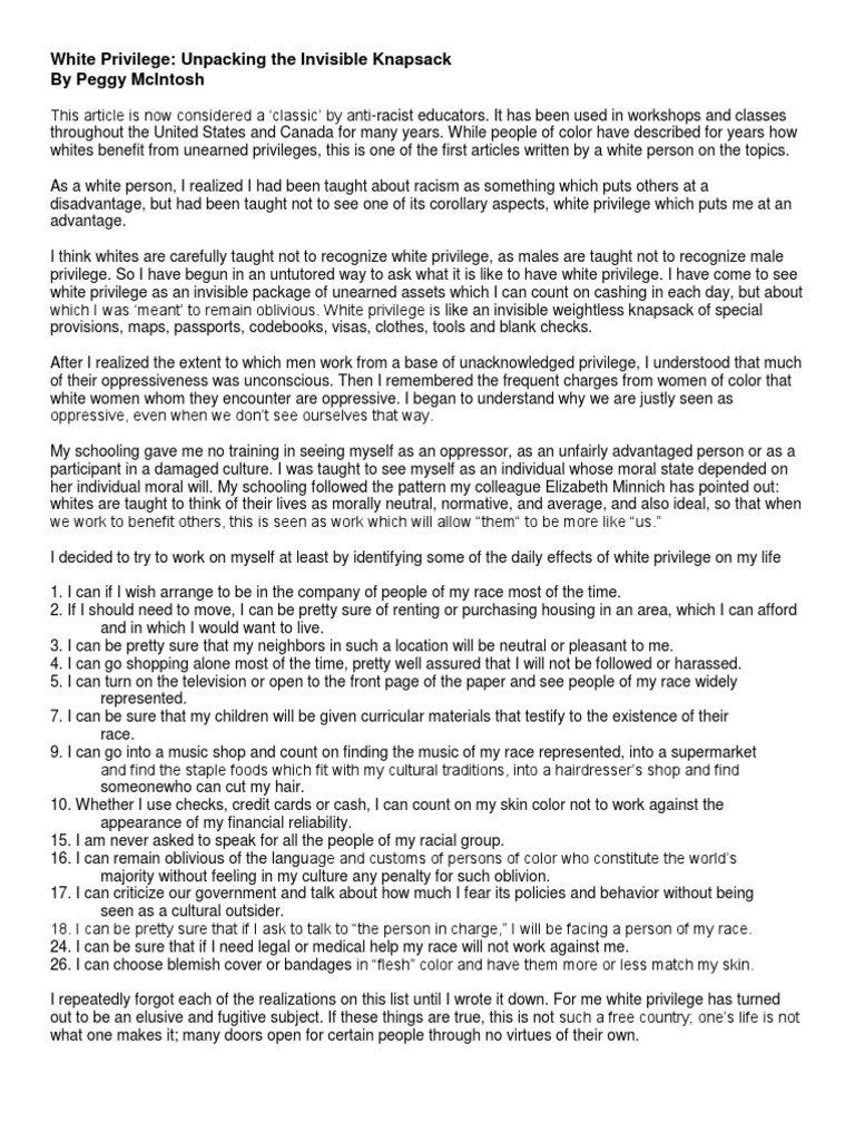 White Privilege: Unpacking The Invisible Knapsack | PDF | Politics And ...