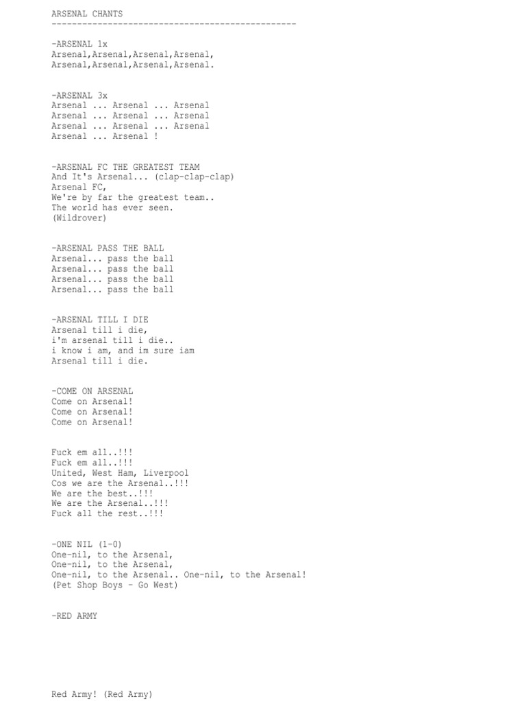 Arsenal Chants Lyrics | PDF | Chelsea F.C. | Arsenal F.C.