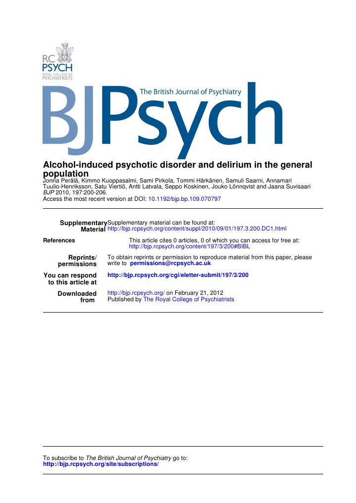 Alcohol-Induced Psychotic Disorder and Delirium in The General - Full ...