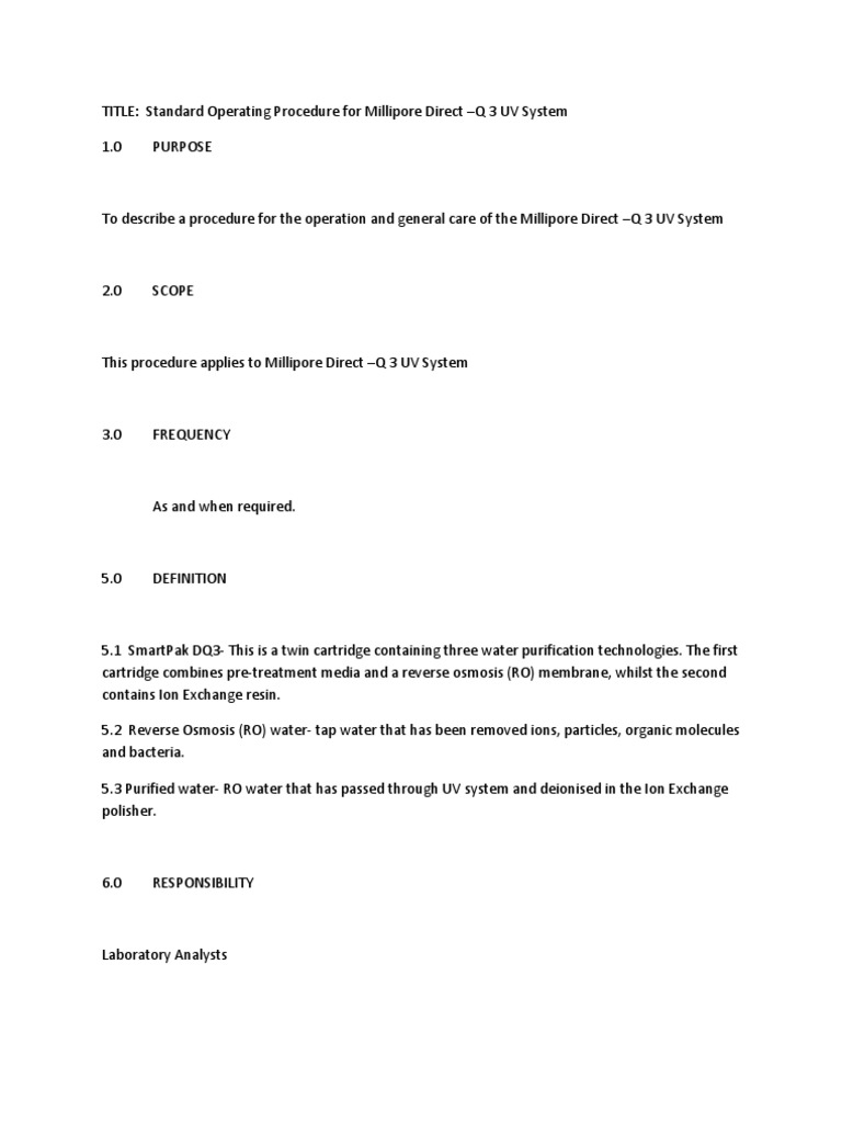 Millipore Direct-Q 3 UV SOP Guide | PDF | Water Purification ...
