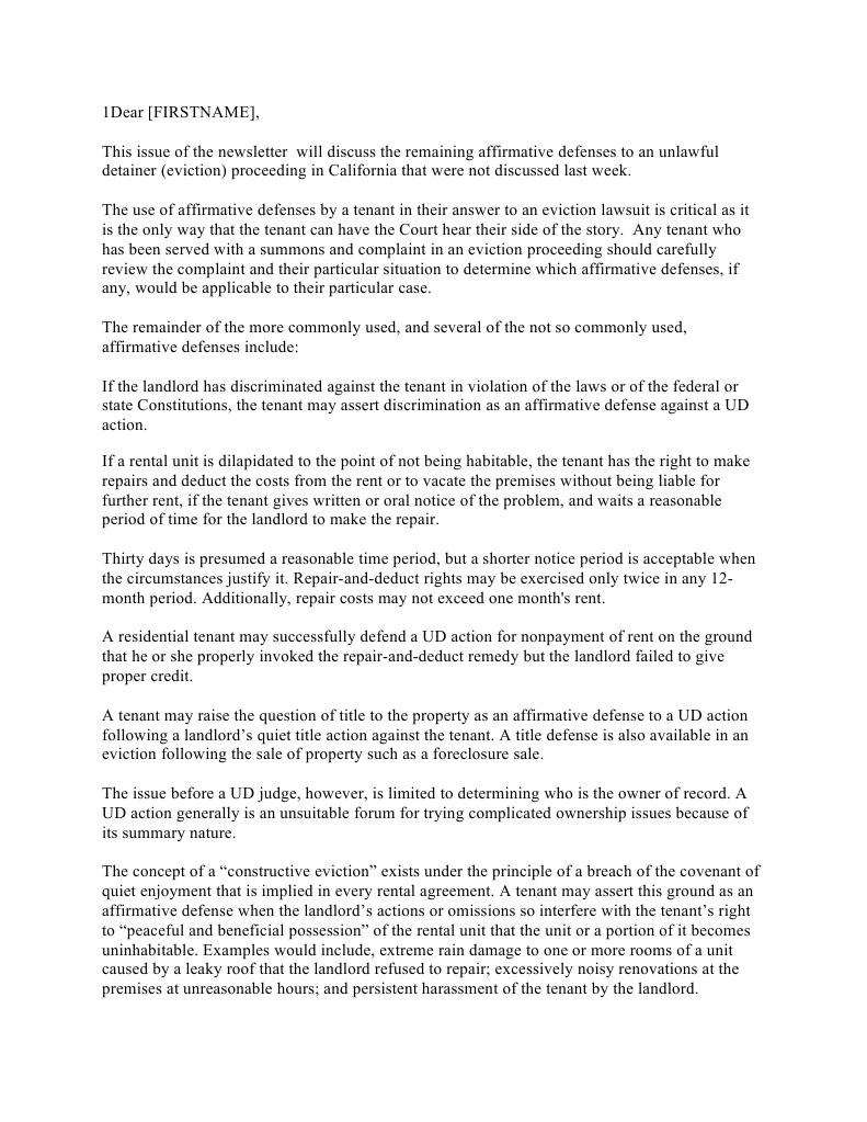 Affirmative Defenses to an Unlawful Detainer Complaint in California | Eviction | Leasehold Estate