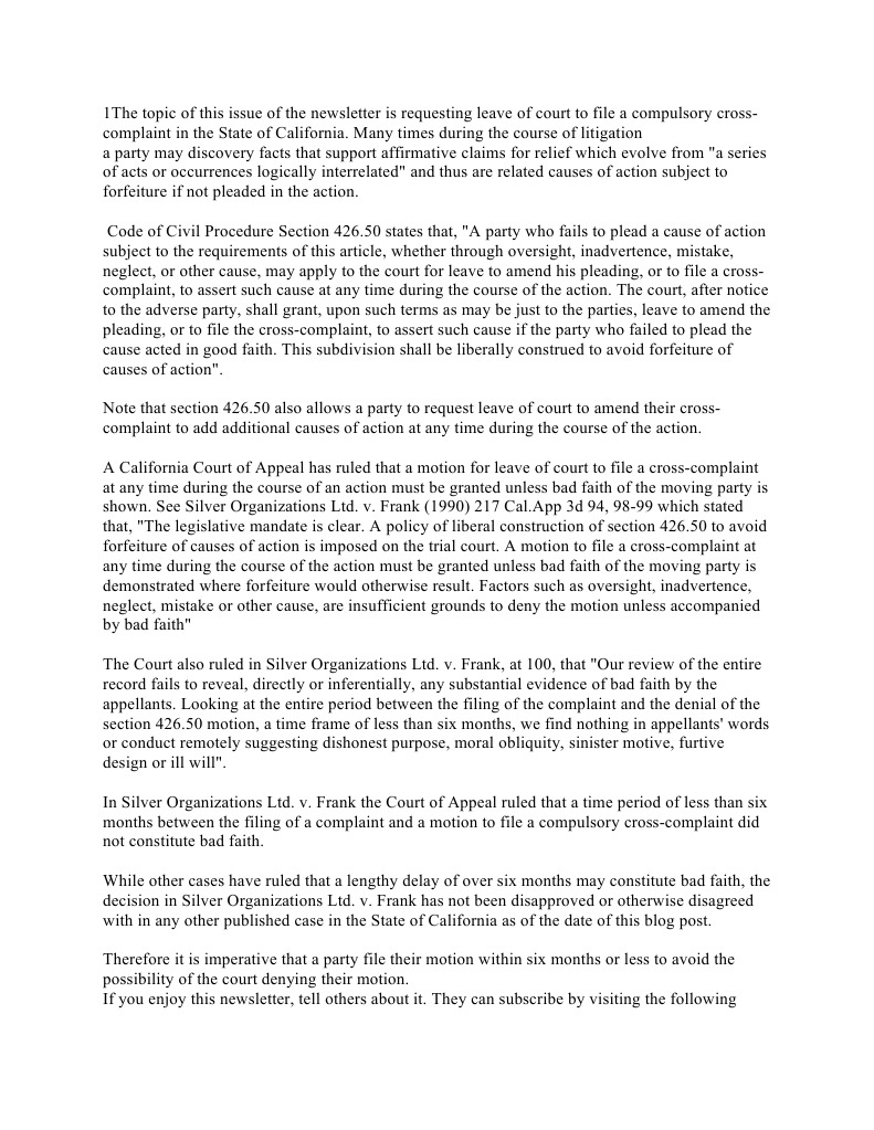 Leave of Court To File Cross-Complaint in Callifornia | PDF | Pleading ...