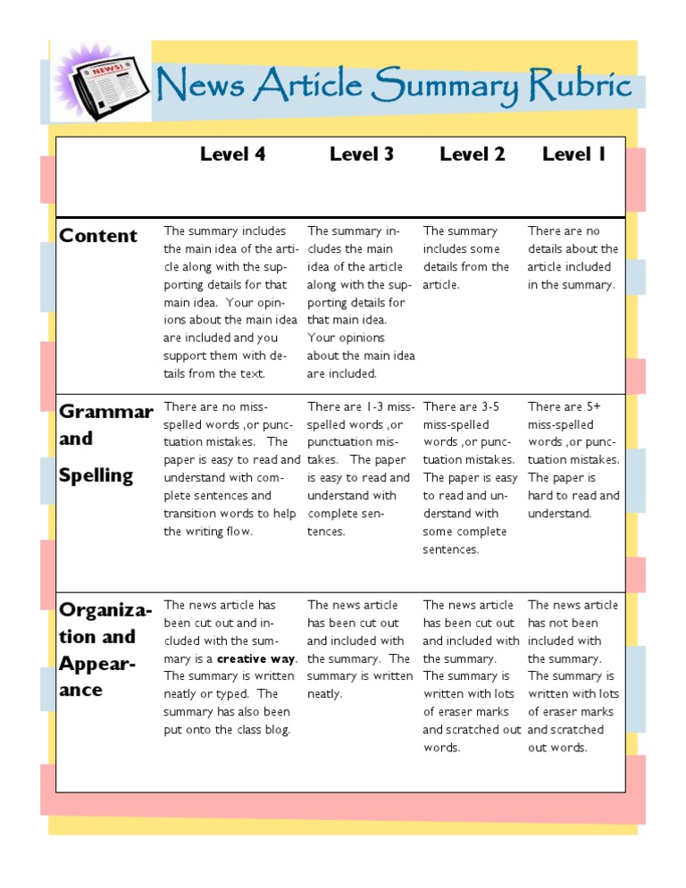 News Article Summary Rubric | PDF