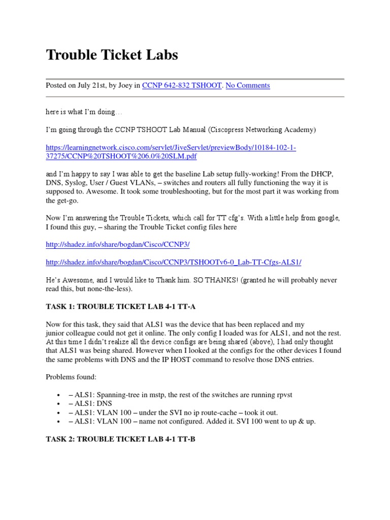 Trouble Ticket Labs | PDF | Router (Computing) | Ip Address