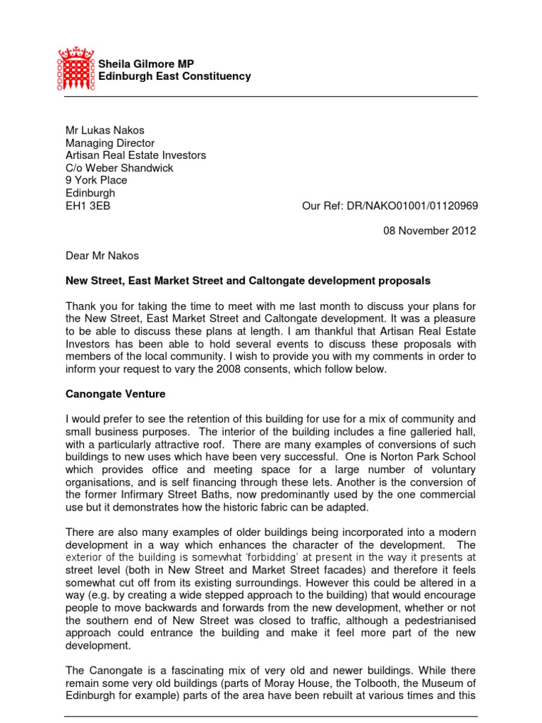 Letter To Lukas Nakos Re East Market Street, New Street and Caltongate ...