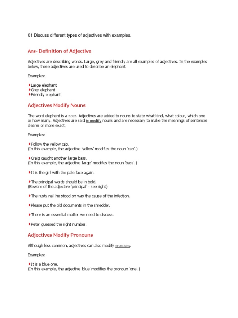 01 Discuss Different Types of Adjectives With Examples | PDF ...