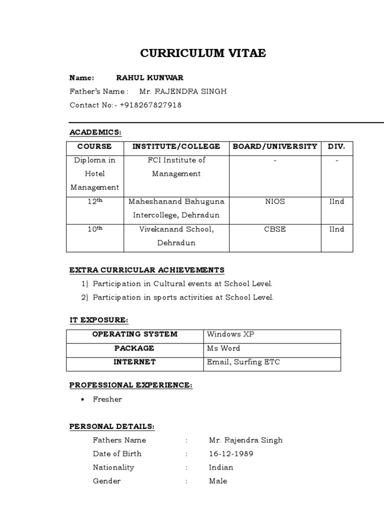 Curriculum Vitae: Name: Rahul Kunwar | PDF
