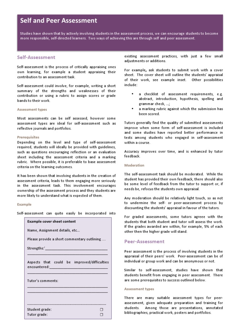 Self and Peer Assessment Strategies | PDF | Educational Assessment ...