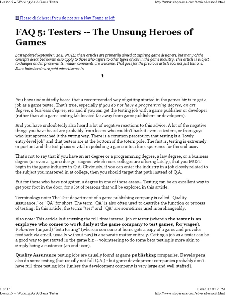 Lesson 5 - Working As A Game Tester | PDF | Software Testing | Software ...