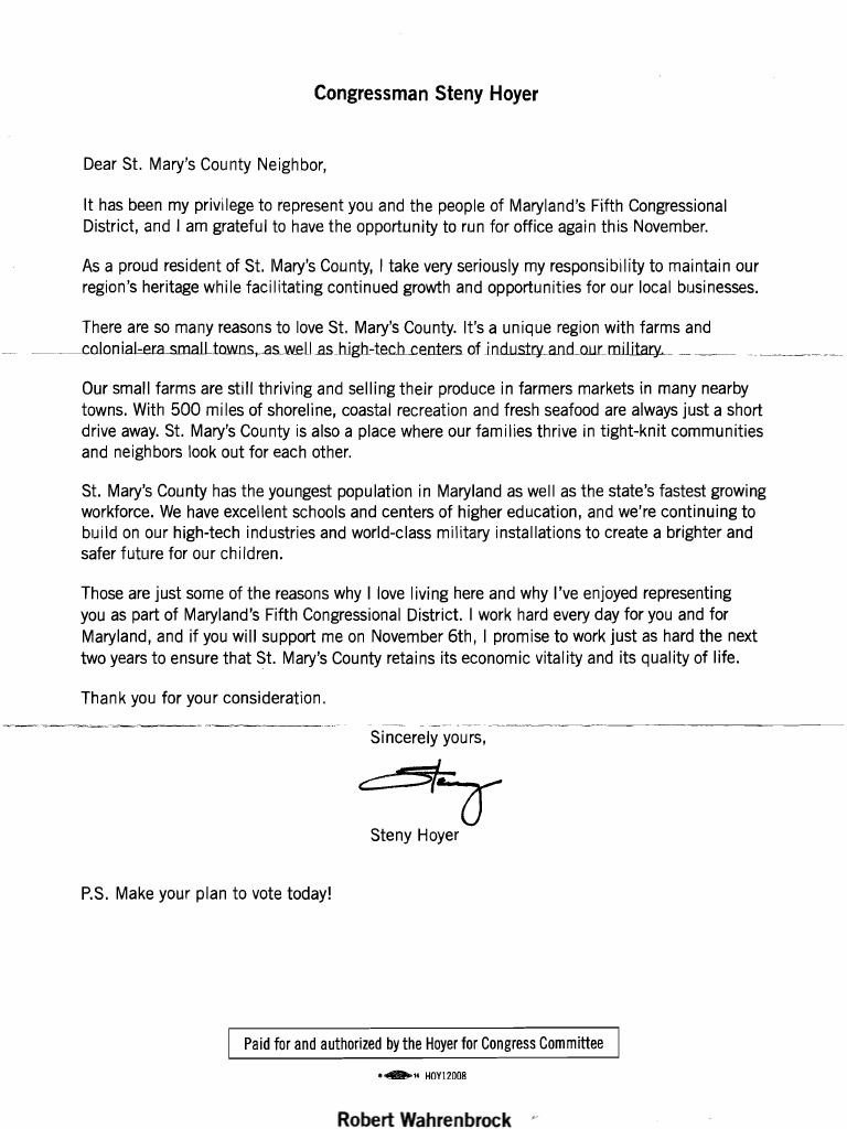 Steny Hoyer 2012 Election Campaign Letters | PDF | Maryland | United ...