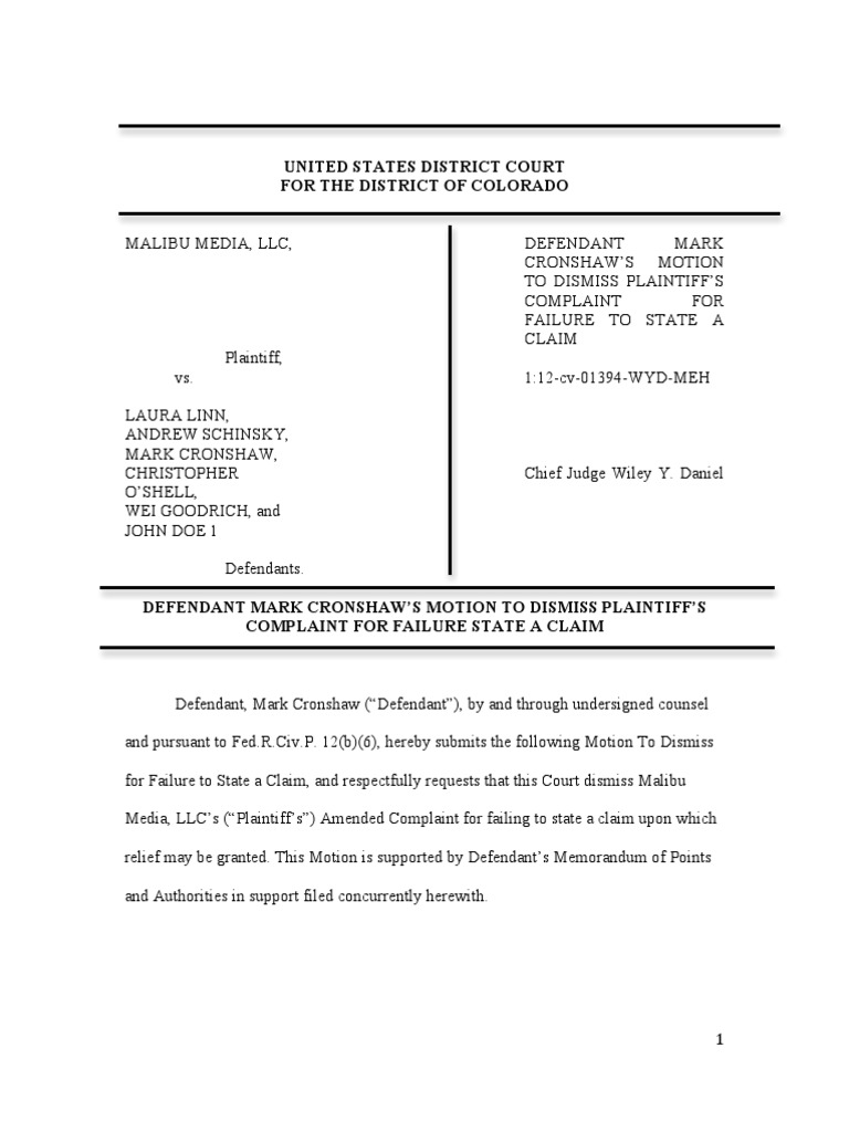 Cronshaw, Mark-12 (B) (6) Motion To Dismiss | PDF