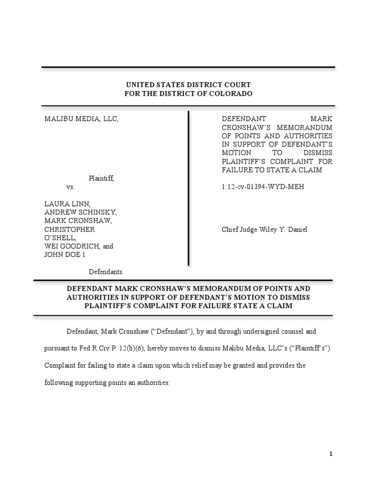 Cronshaw, Mark-Memorandum in Support of 12(b)(6) Motion to Dismiss ...