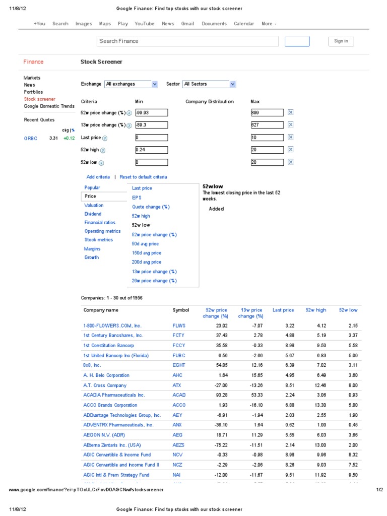Google Finance - Find Top Stocks With Our Stock Screener | PDF | Stocks ...