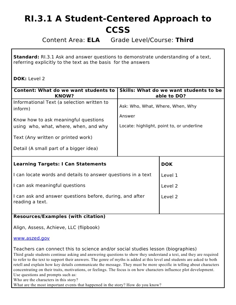 RI.3.1 A Student-Centered Approach To CCSS: Content Area: ELA Grade ...