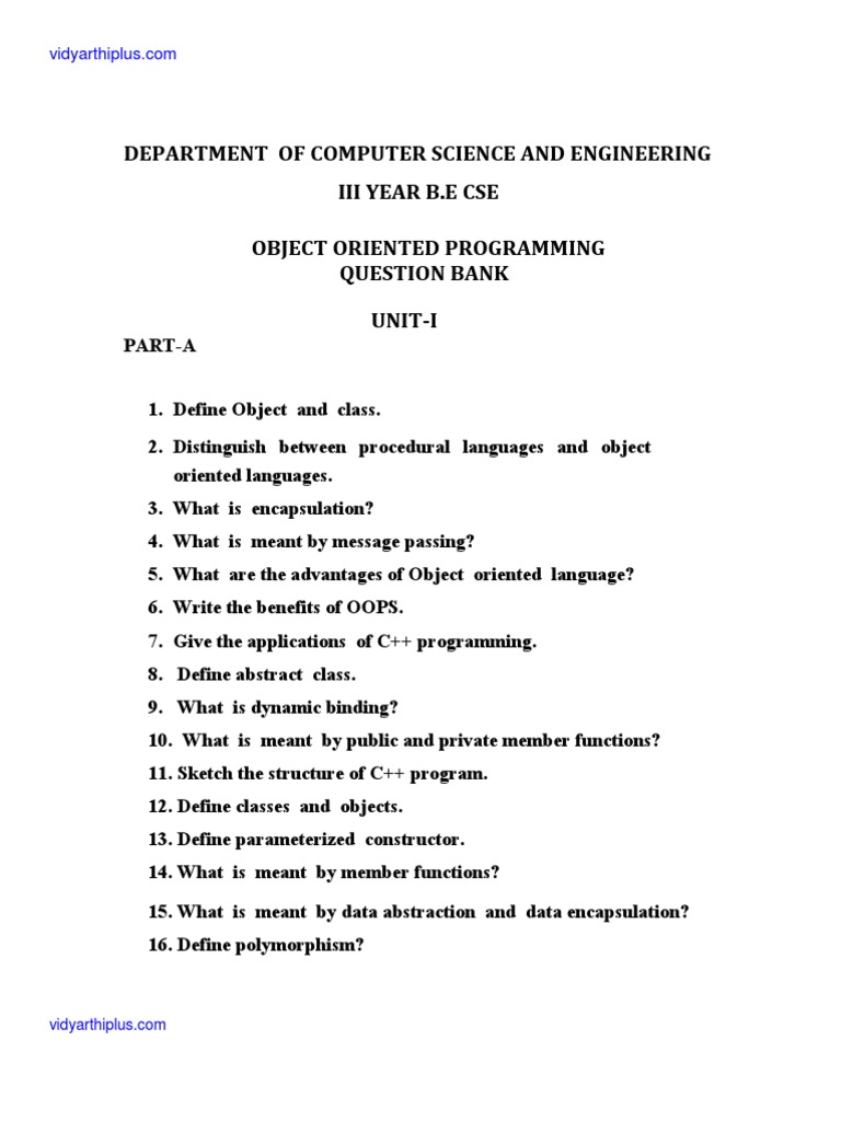 Department of Computer Science and Engineering Iii Year B.E Cse Object Oriented Programming ...