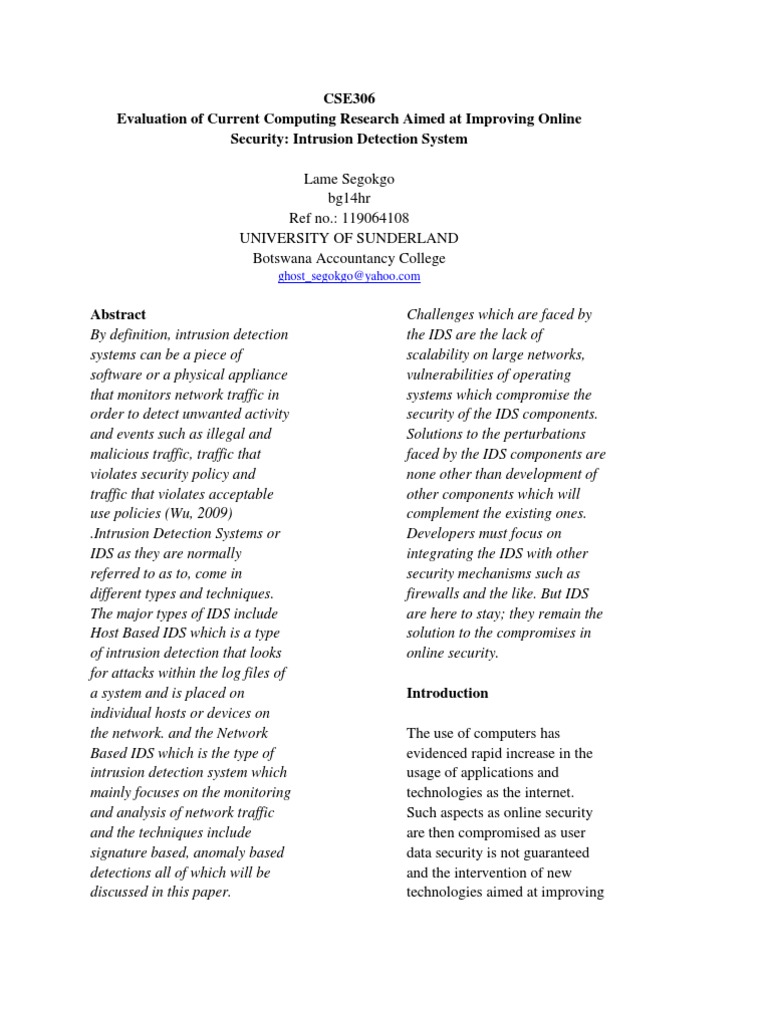 Evaluation of Current Computing Research Aimed at Improving Online Security: Intrusion Detection ...
