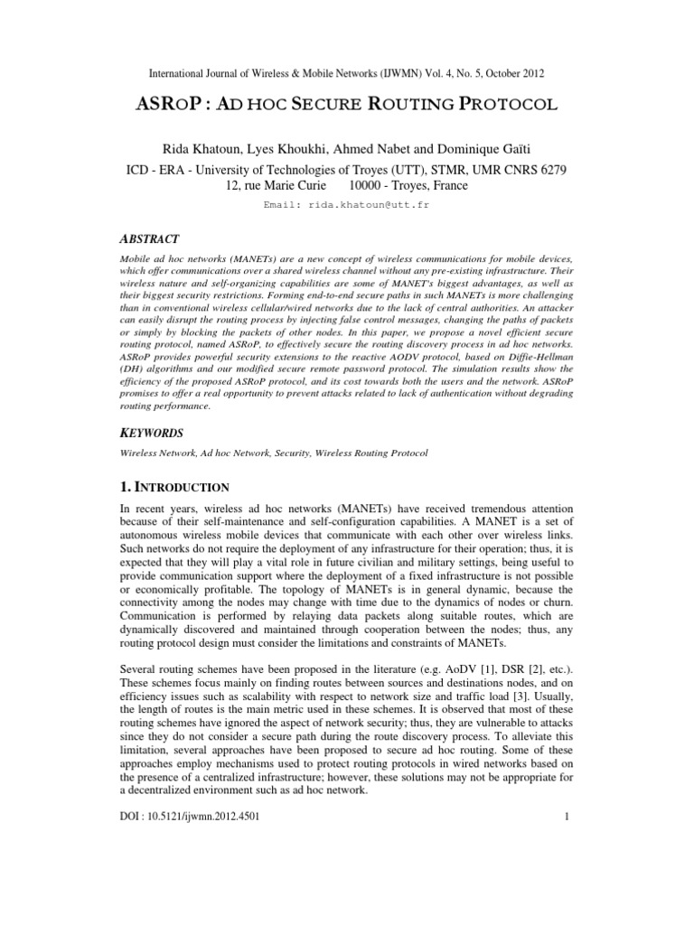 ASROP: AD HOC Secure Routing Protocol | PDF | Wireless Ad Hoc Network ...