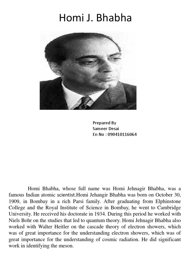 Homi J. Bhabha: Prepared by Sameer Desai en No: 090410116064 | PDF ...