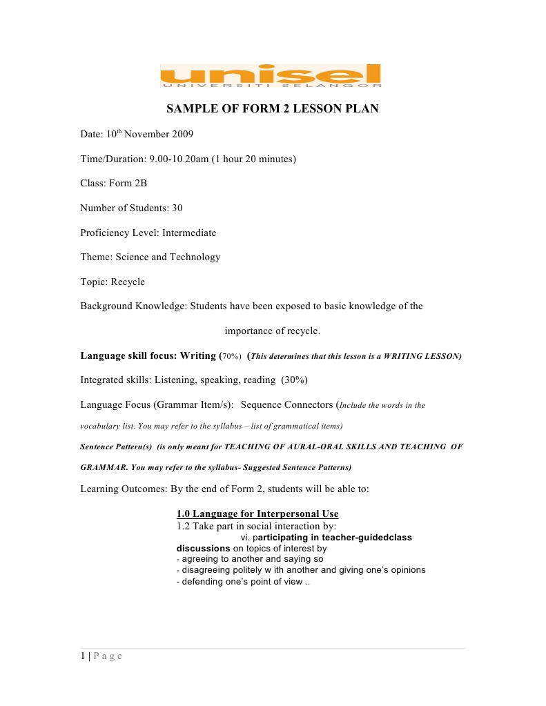 Sample of Form 2 Lesson Plan: Language Skill Focus: Writing ( ( | PDF ...