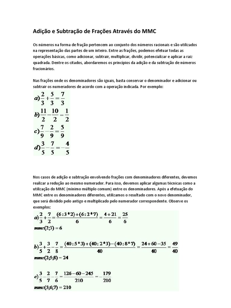Adição e Subtração de Frações Através Do MMC | PDF | Fração (Matemática ...