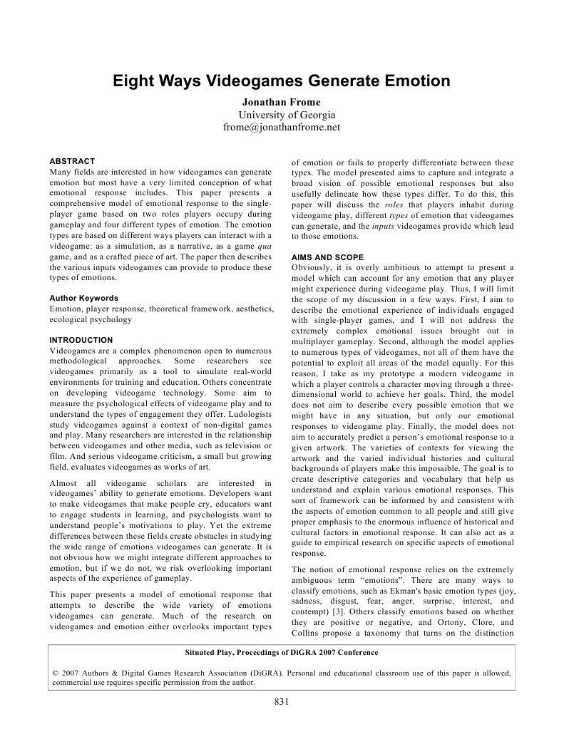 Eight Ways Videogames Generate Emotion: University of Georgia | PDF ...