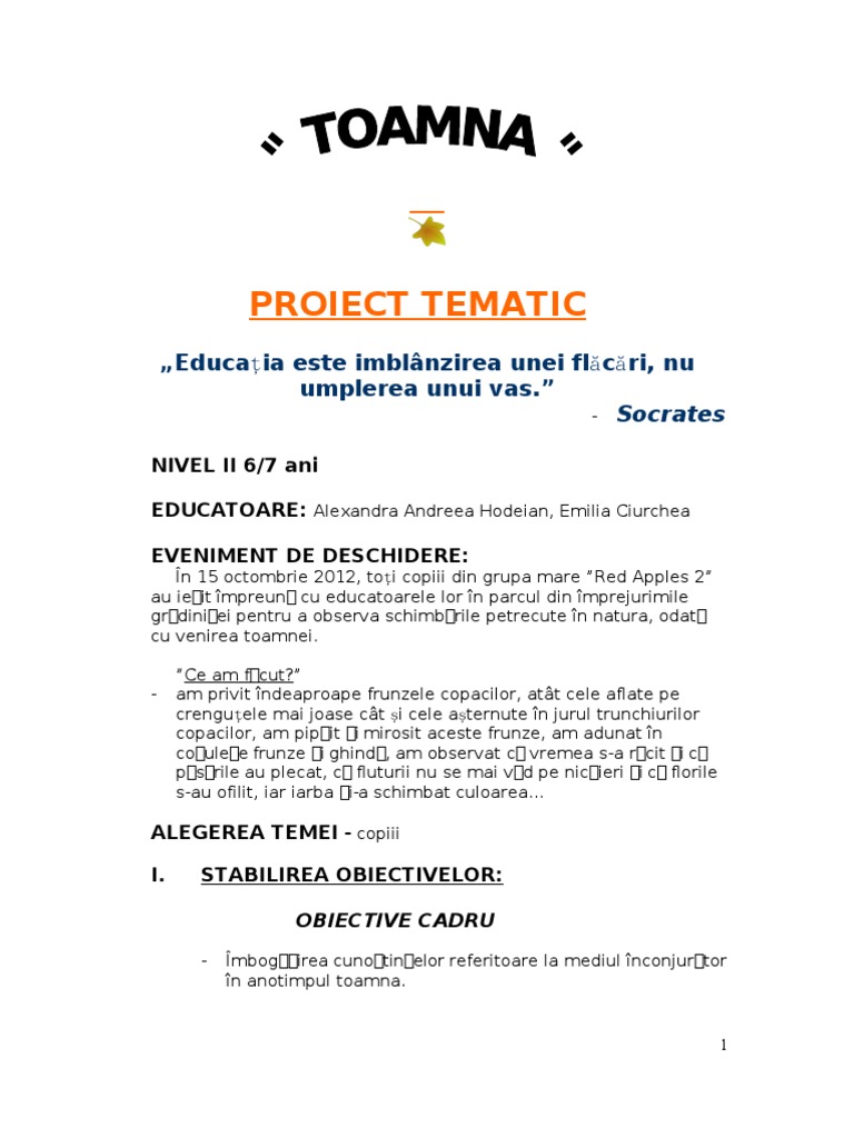 Toamna. Proiect Tematic 2012 Andreea | PDF
