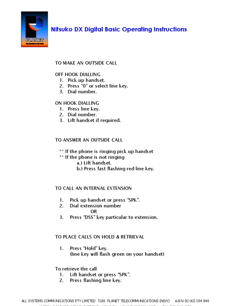 Nitsuko DX User Guide | PDF | Telephone Number | Telephone