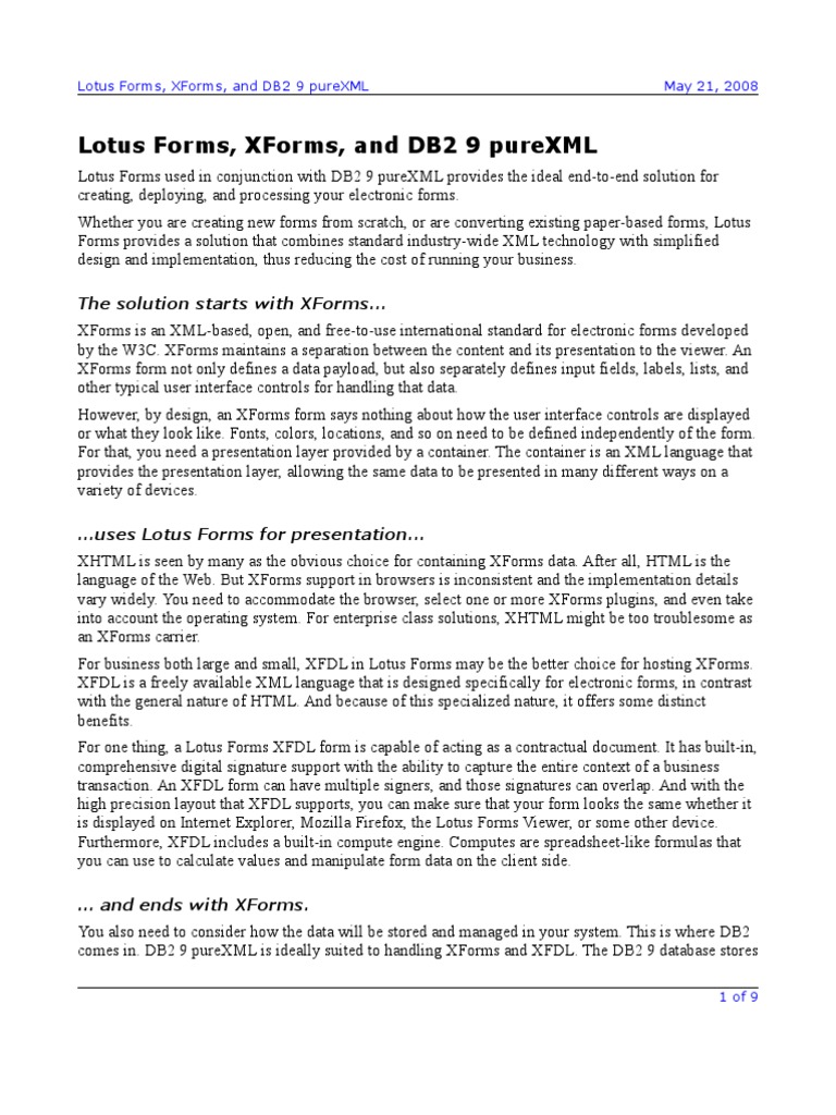 Lotus Forms, Xforms, and Db2 9 Purexml: The Solution Starts With Xforms.. | PDF | Ibm Db2 | Xml