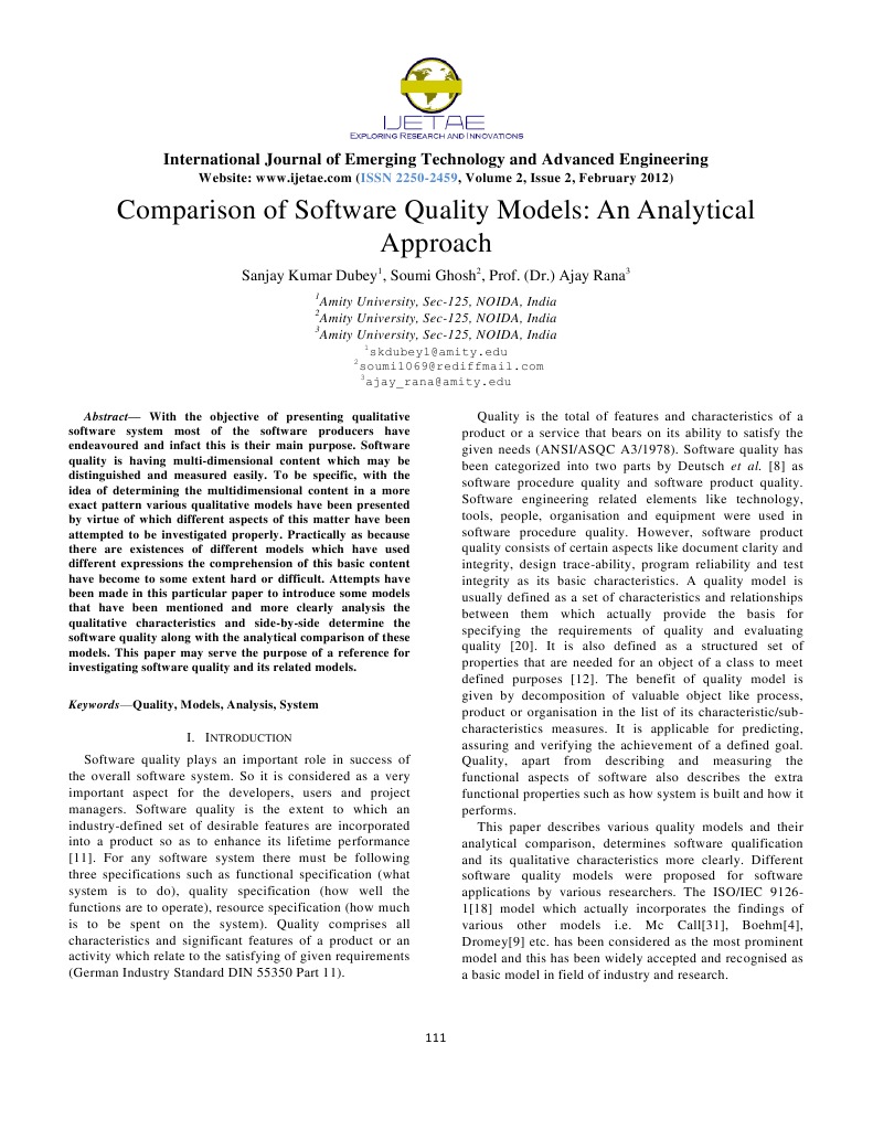 Comparison of Software Quality Models - An Analytical Approach | PDF | Software Quality ...