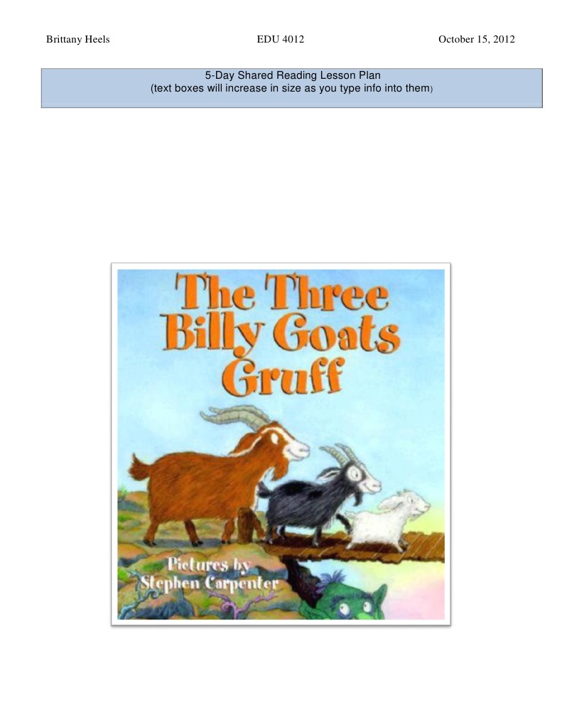 5-Day Lesson Plan: Three Billy Goats Gruff | PDF | Reading ...