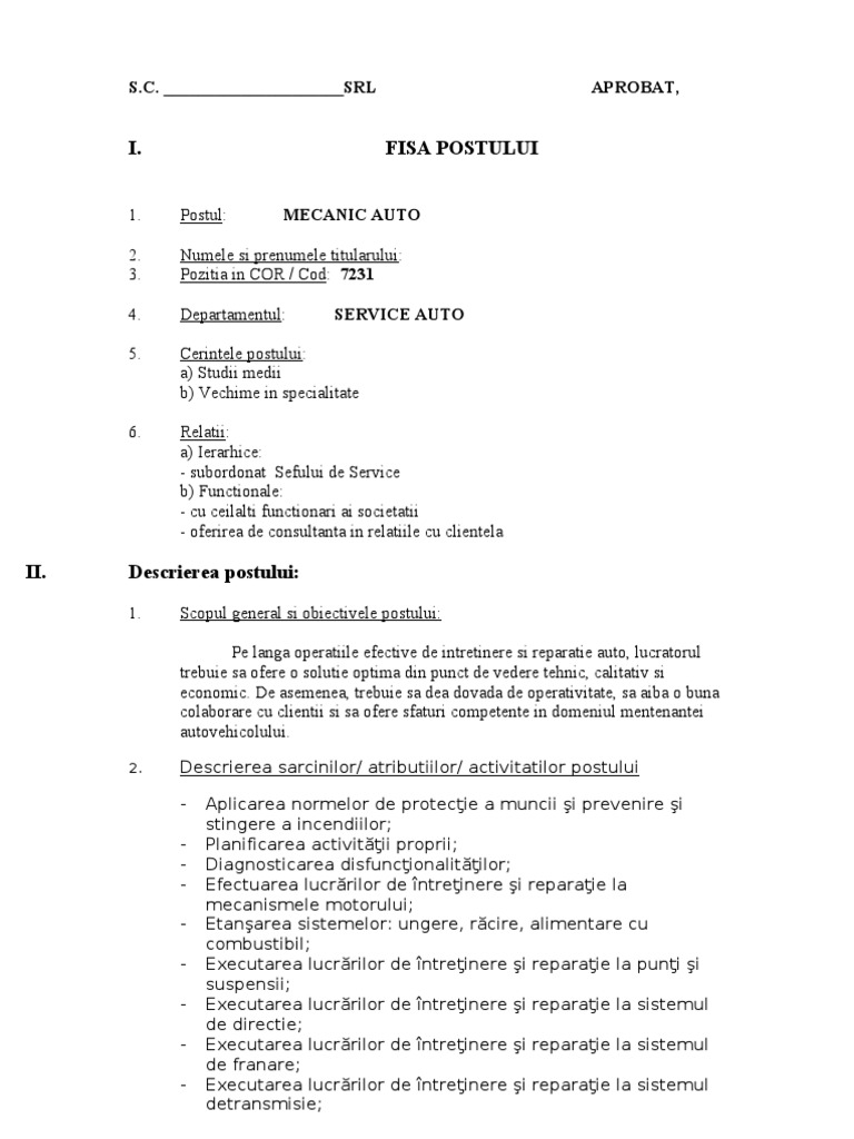 Fisa Post Mecanic Auto Service _model