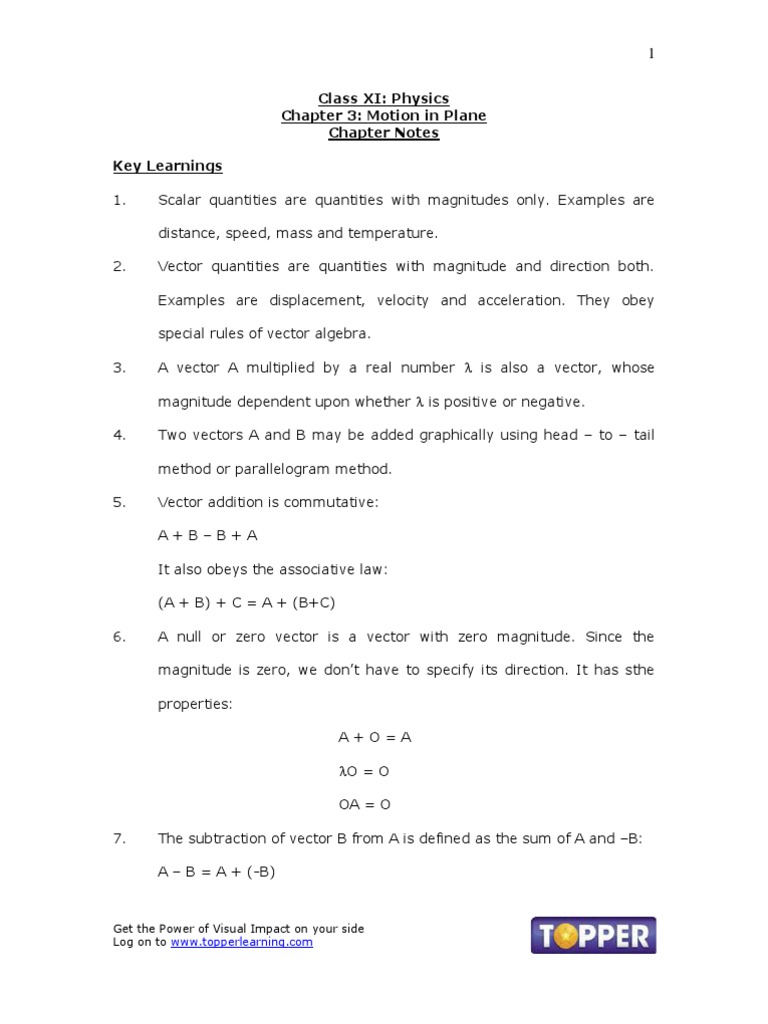 Class XI: Physics Chapter 3: Motion in Plane Chapter Notes Key ...