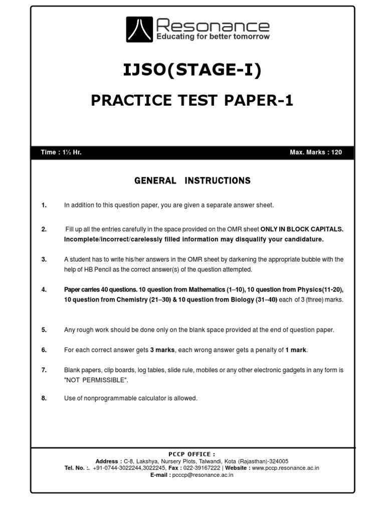 Practice Test Paper-1 - IJSO | PDF | Circle | Chemistry