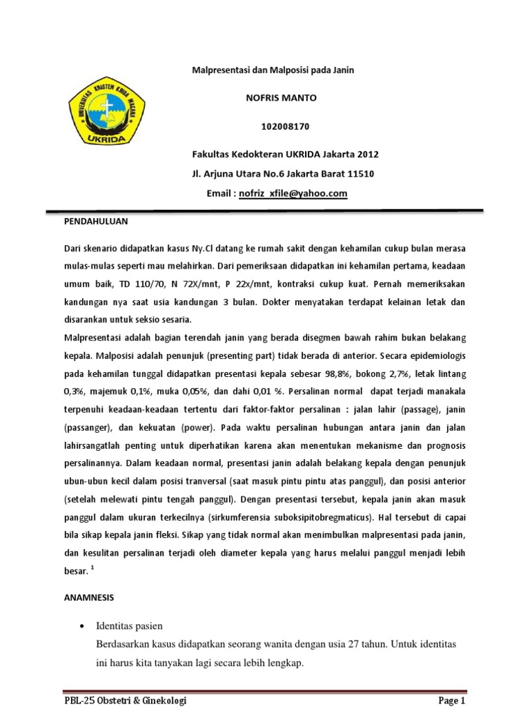 Malpresentasi Dan Malposisi | PDF