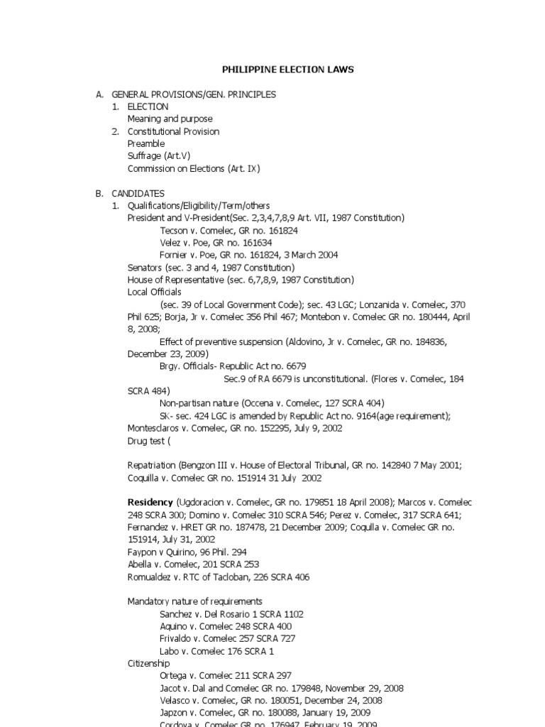 Philippine Election Laws Outline | PDF | Commission On Elections ...