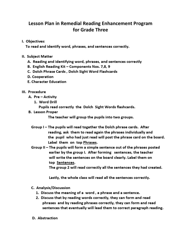 Grade 3 Remedial Reading Lesson Plan | PDF