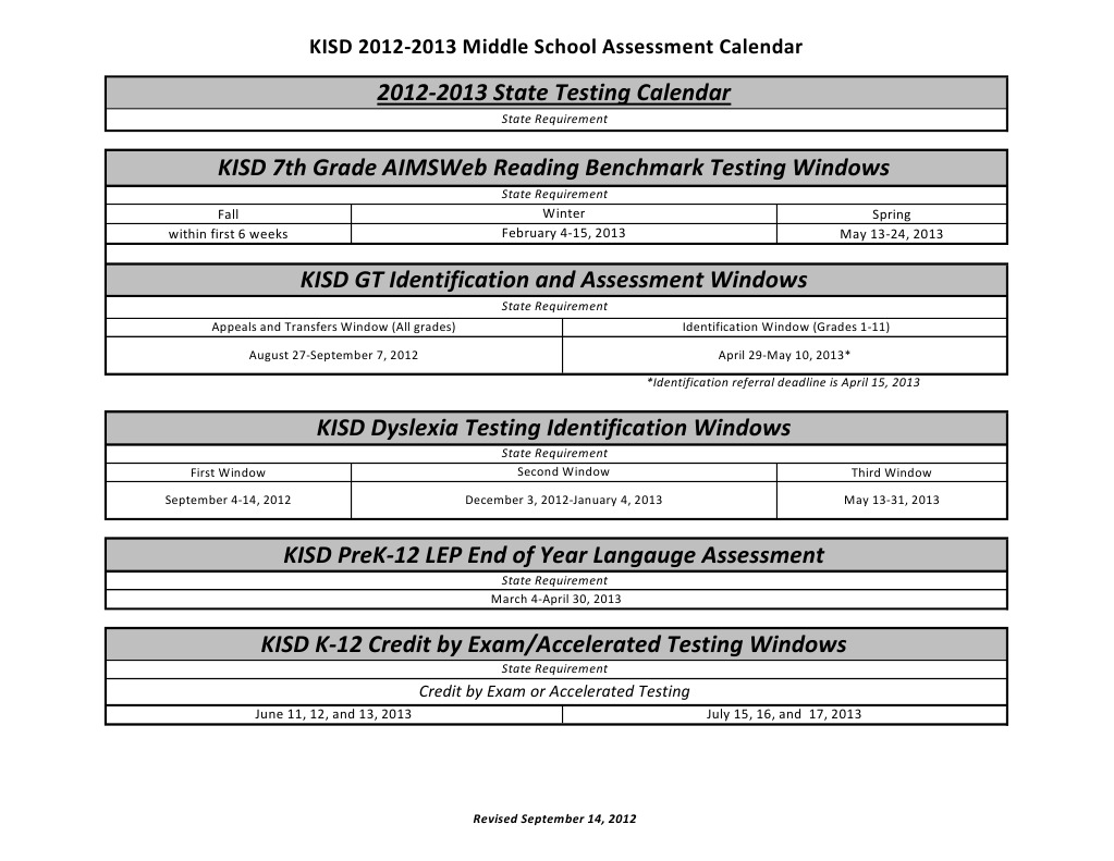 Middle School 12-13 Assessment Calendar-Revised 9-14-12 | PDF | Middle ...