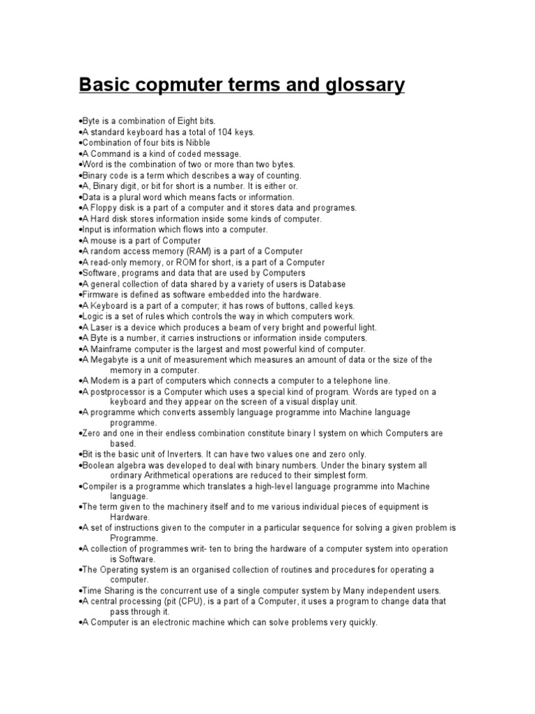 Basic Copmuter Terms and Glossary | PDF | Bit | Computer Memory